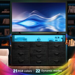 EnHomee 10 Drawer Dresser for Bedroom with Wood Open Shelves，55" TV Stand for Bedroom with Power Outlets and LED Lights，Fabric Dressers & Chest of Drawers with Side Pocket，Living Room，Closet，Black