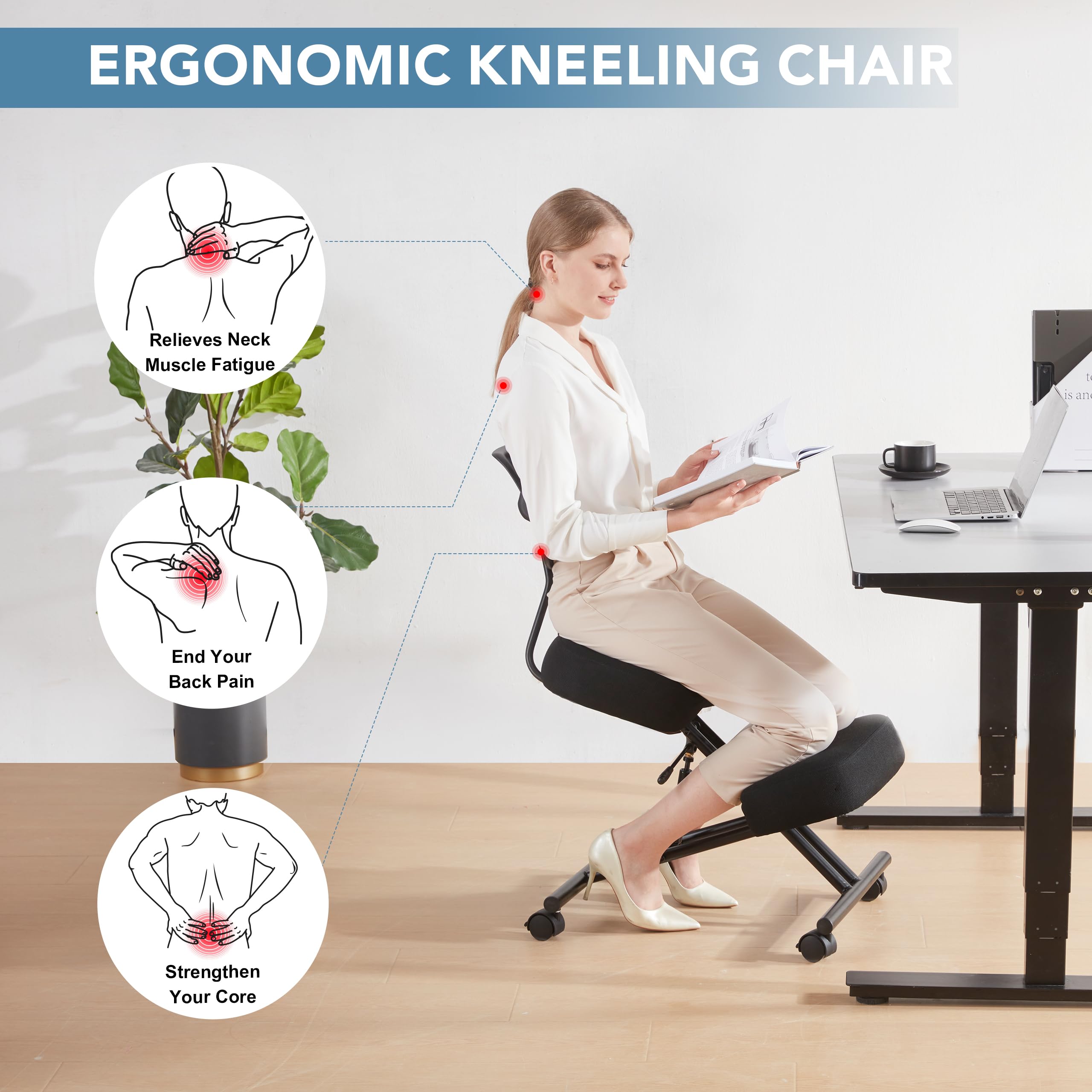 SOMEET Ergonomic Kneeling Chair with Back Support, Ergonomic Kneeling Chair with Brake and Smooth Gliding Casters, Adjustable Stool for Home and Office, Posture Chair to Relieve Back Pain, Black Linen