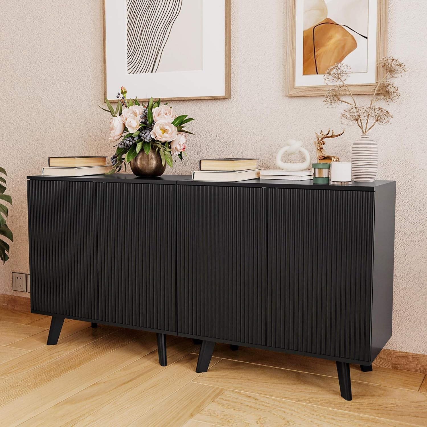 XUZENEST Modern Sideboard Buffet Cabinet Console Table, Accent Storage Cabinet Credenza Buffer Cabinet with 4 Fluted Doors for Kitchen Dining Living Room Entryway(Black)