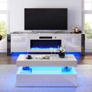 vanacc 3-piece modern living room table sets, 70" modern led tv stand with 36" electric fireplace, high gloss coffee tables for living room, white