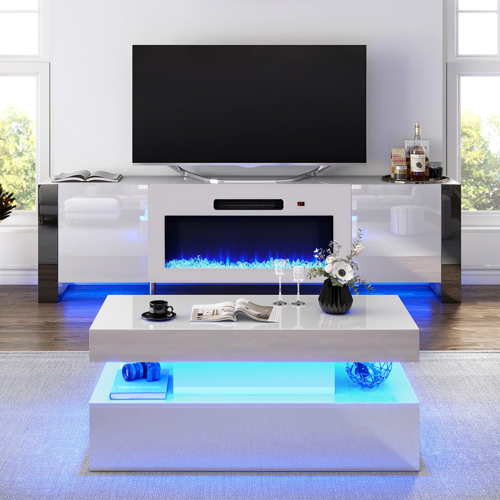 VanAcc 3-Piece Modern Living Room Table Sets, 70" Modern LED TV Stand with 36" Electric Fireplace, High Gloss Coffee Tables for Living Room, White