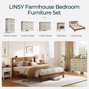 LINSY Queen Bed Frame, Wood Platform Bed Frame with headboard, Solid Wood Bed with Wood Slat Support, No Box Spring Needed, Easy Assembly, Walnut, Queen