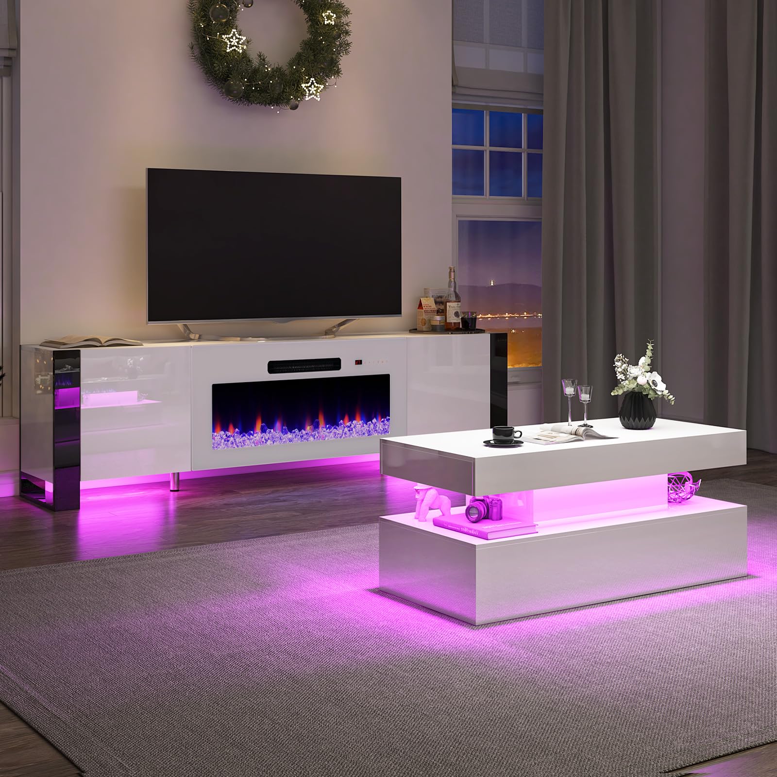 VanAcc 3-Piece Modern Living Room Table Sets, 70" Modern LED TV Stand with 36" Electric Fireplace, High Gloss Coffee Tables for Living Room, White