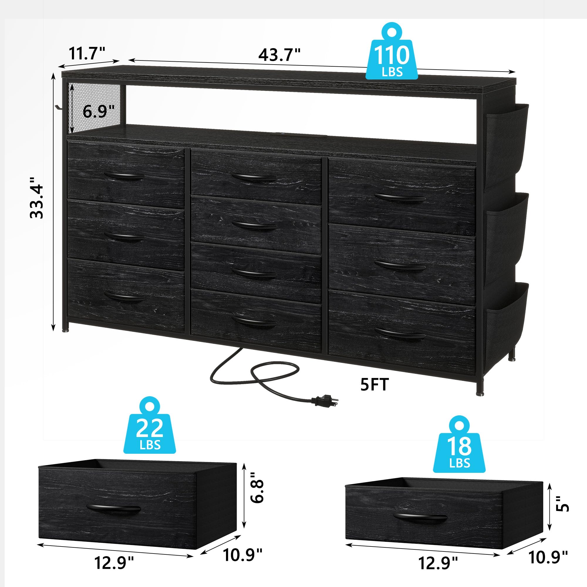 EnHomee 10 Drawer Dresser for Bedroom with Wood Open Shelves，55" TV Stand for Bedroom with Power Outlets and LED Lights，Fabric Dressers & Chest of Drawers with Side Pocket，Living Room，Closet，Black