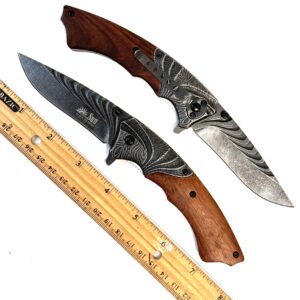 GOLDENSUN Stone washed stainless steel wood handle folding knife retro embossed GLX228WZ