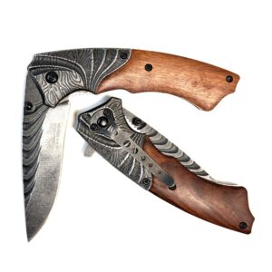 goldensun stone washed stainless steel wood handle folding knife retro embossed glx228wz