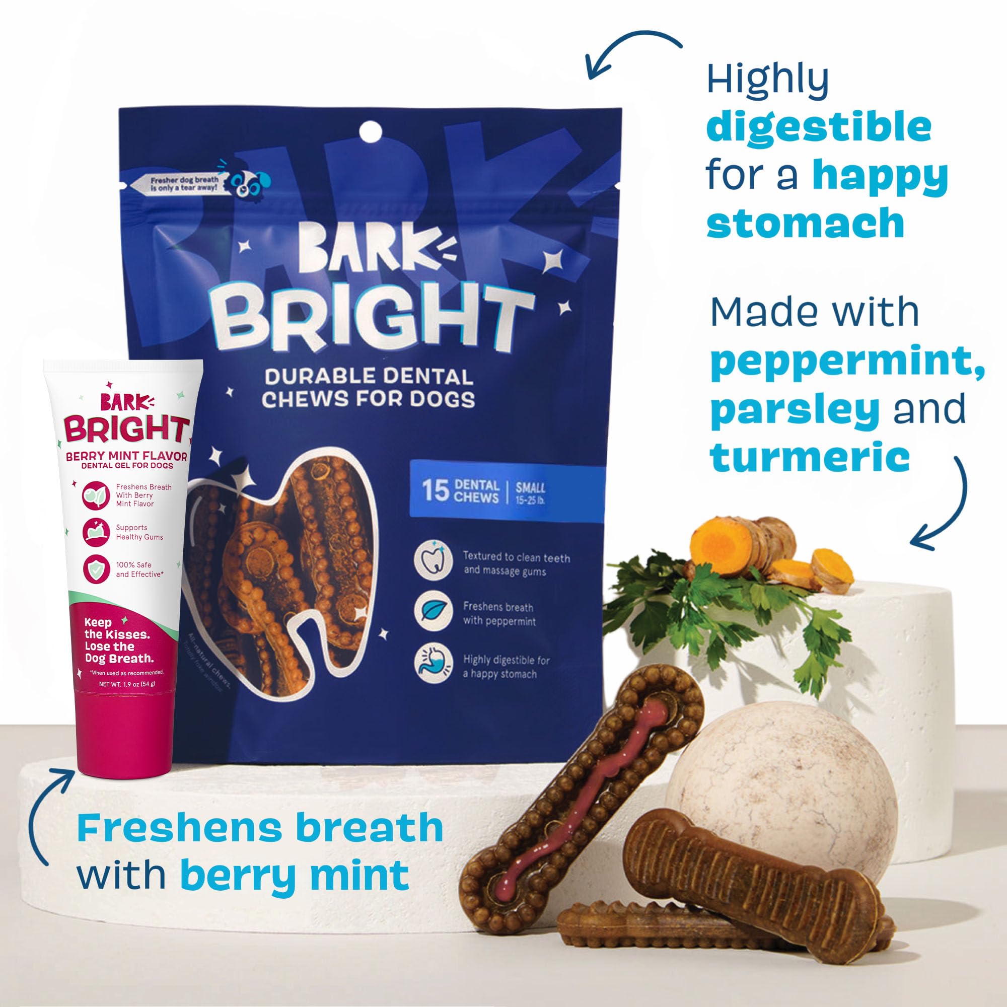 Bark Bright Durable Dental Kit - Berry Mint Flavored - 15 Chew Sticks & Toothpaste - Small Breeds