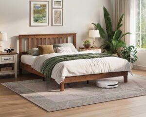 linsy queen bed frame, wood platform bed frame with headboard, solid wood bed with wood slat support, no box spring needed, easy assembly, walnut, queen