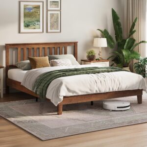 LINSY Queen Bed Frame, Wood Platform Bed Frame with headboard, Solid Wood Bed with Wood Slat Support, No Box Spring Needed, Easy Assembly, Walnut, Queen