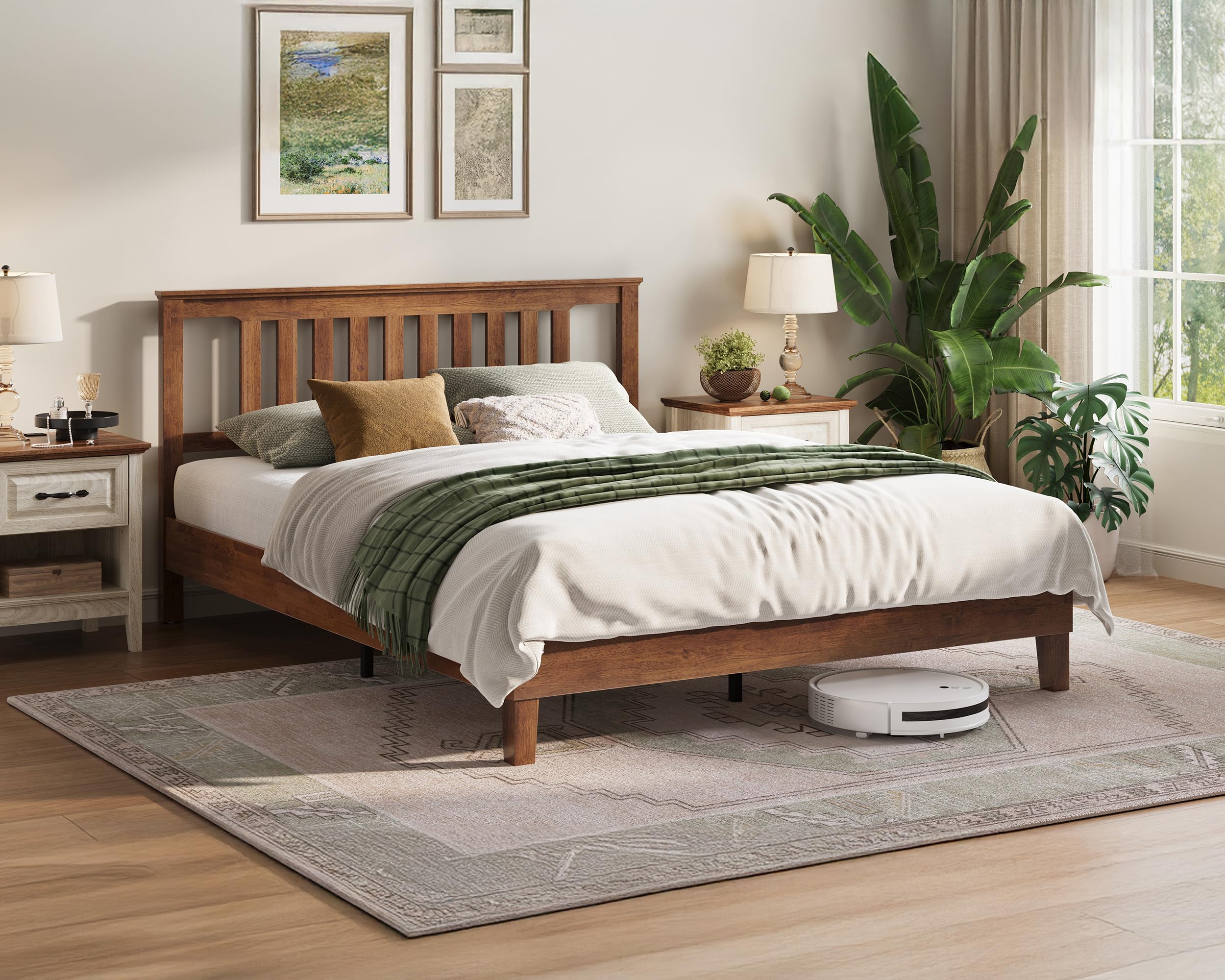 LINSY Queen Bed Frame, Wood Platform Bed Frame with headboard, Solid Wood Bed with Wood Slat Support, No Box Spring Needed, Easy Assembly, Walnut, Queen