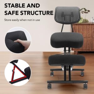 SOMEET Ergonomic Kneeling Chair with Back Support, Ergonomic Kneeling Chair with Brake and Smooth Gliding Casters, Adjustable Stool for Home and Office, Posture Chair to Relieve Back Pain, Black Linen