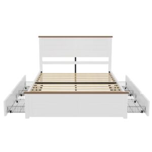 LUXOAK Farmhouse Full Size Bed Frame with Headboard and 4 Storage Drawers, Wooden Barn Door Platform Bed with Wood Slats, Heavy Duty Mattress Foundation, Non-Slip & Noise-Free, Antique White