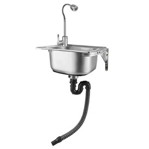 stainless steel commercial wall mounted hand sink with drainer unit and tap - hot and cold - perfect for outdoor indoor, garage, laundry/utility room - single bowl sinks