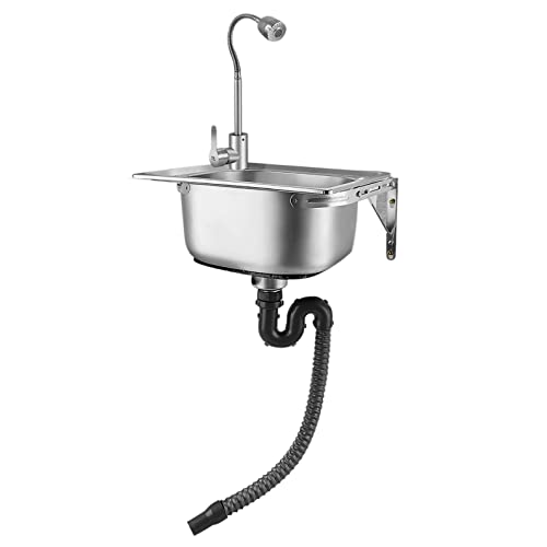 Stainless Steel Commercial Wall Mounted Hand Sink with Drainer Unit and Tap - Hot and Cold - Perfect for Outdoor Indoor, Garage, Laundry/Utility Room - Single Bowl Sinks