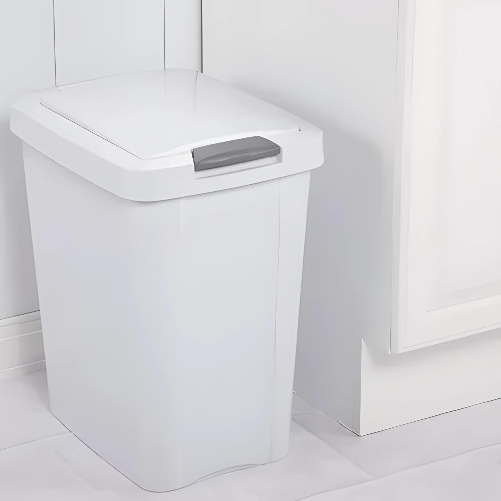 UNIESSENTIALS 7.5 Gallon White Wastebasket with Touch-Open Lid: Ideal Office Trash Can, Under Sink Trash Can, Or Garbage Can with Lid for Mudroom, Kitchen, Bathroom, Mudroom