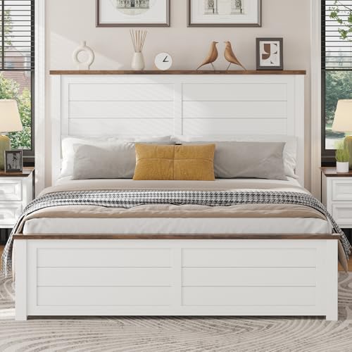 LUXOAK Farmhouse Full Size Bed Frame with Headboard and 4 Storage Drawers, Wooden Barn Door Platform Bed with Wood Slats, Heavy Duty Mattress Foundation, Non-Slip & Noise-Free, Antique White