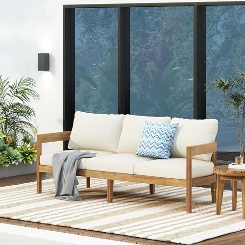 Merax 76.5" Outdoor 3 Seater Patio Sofa Acacia Wood Frame Conversation Set with Cushions