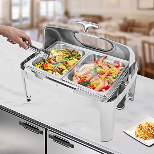 Food Warmer Roll Top Chafing Dish Buffet Set Stainless Steel Warmers Double Compartment Thermal Pot Electric Hot Plate/Alcohol Stove Heating for Buffet Banquet Catering Party (9L) (Glass Window)