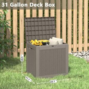 Esmlada Deck Box, 31 Gallon Resin Deck Box Indoor and Outdoor Storage Waterproof Boxes Lockable Lid for Garden Tools, Pool Supplies, Patio Furniture and Cushions, Grey