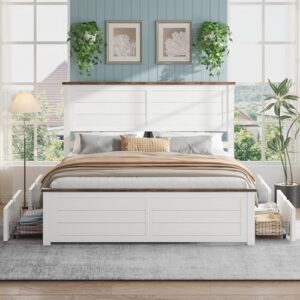 luxoak farmhouse full size bed frame with headboard and 4 storage drawers, wooden barn door platform bed with wood slats, heavy duty mattress foundation, non-slip & noise-free, antique white