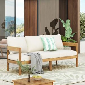 Merax 76.5" Outdoor 3 Seater Patio Sofa Acacia Wood Frame Conversation Set with Cushions