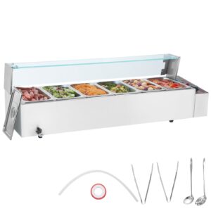 vevor 6-pan commercial food warmer, 6 x 8qt electric steam table with glass cover, 1500w countertop stainless steel buffet bain marie 86-185°f temp control for catering, restaurants, silver