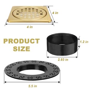 Yaseingoo 4” Drain Grate Kit - Compatible with Schluter Kerdi-Drain Flange - Shower Floor Drain Kit with Adjustable Collar - Removable Square Drain Set - SUS 304 Stainless Steel Grate - Brushed Brass