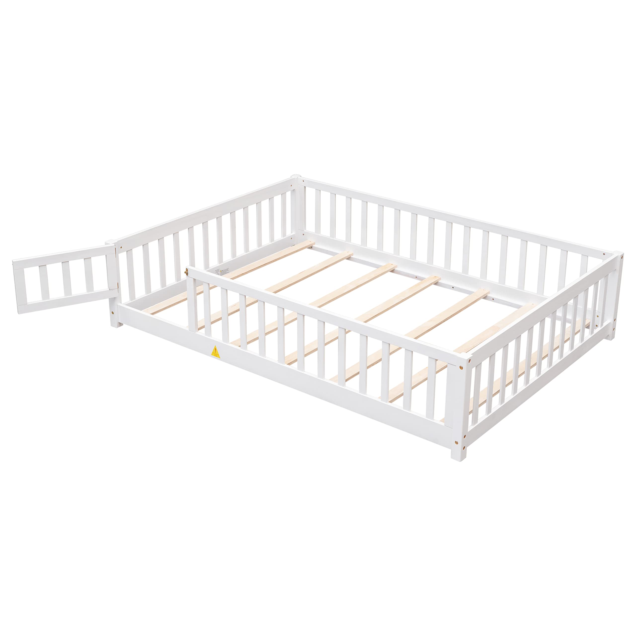 UOCFYK Full Size Floor Bed with Fence and Door for Kids Bedroom,Montessori Wood Floor Bedframe for Boys, Girls,Easy to Assemble,No Box Spring Needed,White