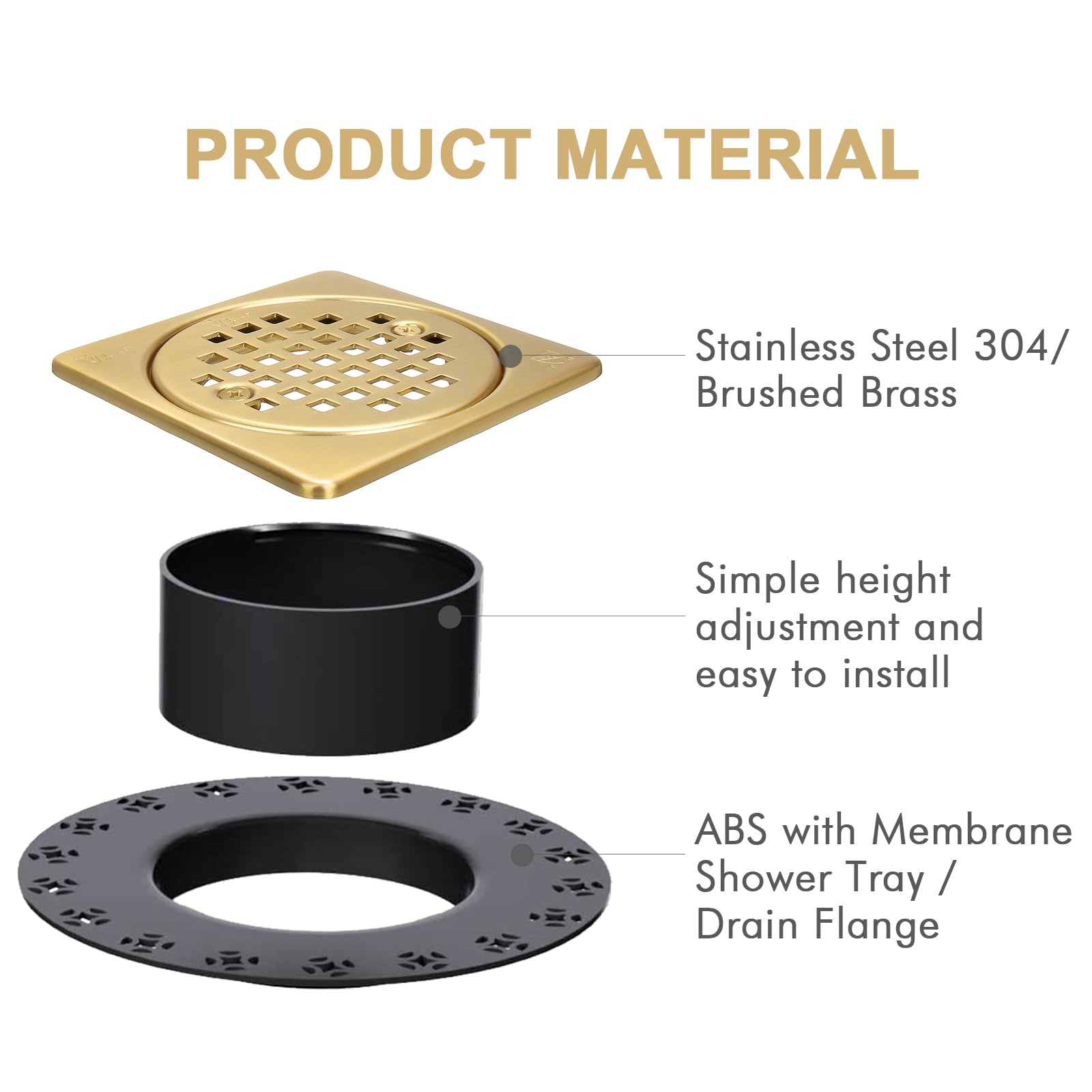 Yaseingoo 4” Drain Grate Kit - Compatible with Schluter Kerdi-Drain Flange - Shower Floor Drain Kit with Adjustable Collar - Removable Square Drain Set - SUS 304 Stainless Steel Grate - Brushed Brass