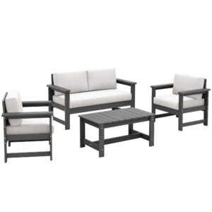 SERWALL 4 Pieces Outdoor Conversation Sofa Set with Cushions, HDPE Outdoor Couch Loveseat Furniture with Side Table All Weather Use for Patio, Balcony, Deck, Poolside, Grey Frame with Khaki Cushions