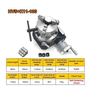 5' HV5 127 mm Indexing Turntable (Vertical and Horizontal) with 100 mm CNC Lathe Chuck for Grinding Mills(HV5 K11-100 3 Jaw)