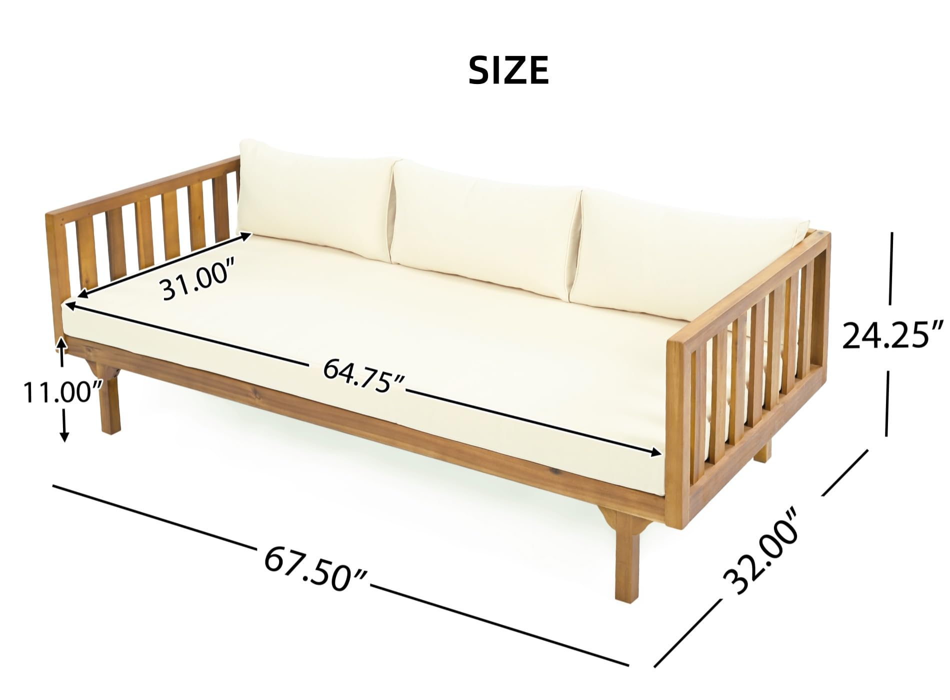 Merax Outdoor 3 Seater Daybed, Acacia Wood Day Bed Couch Sofa with Cushions for Patio Backyard, Garden, Beige