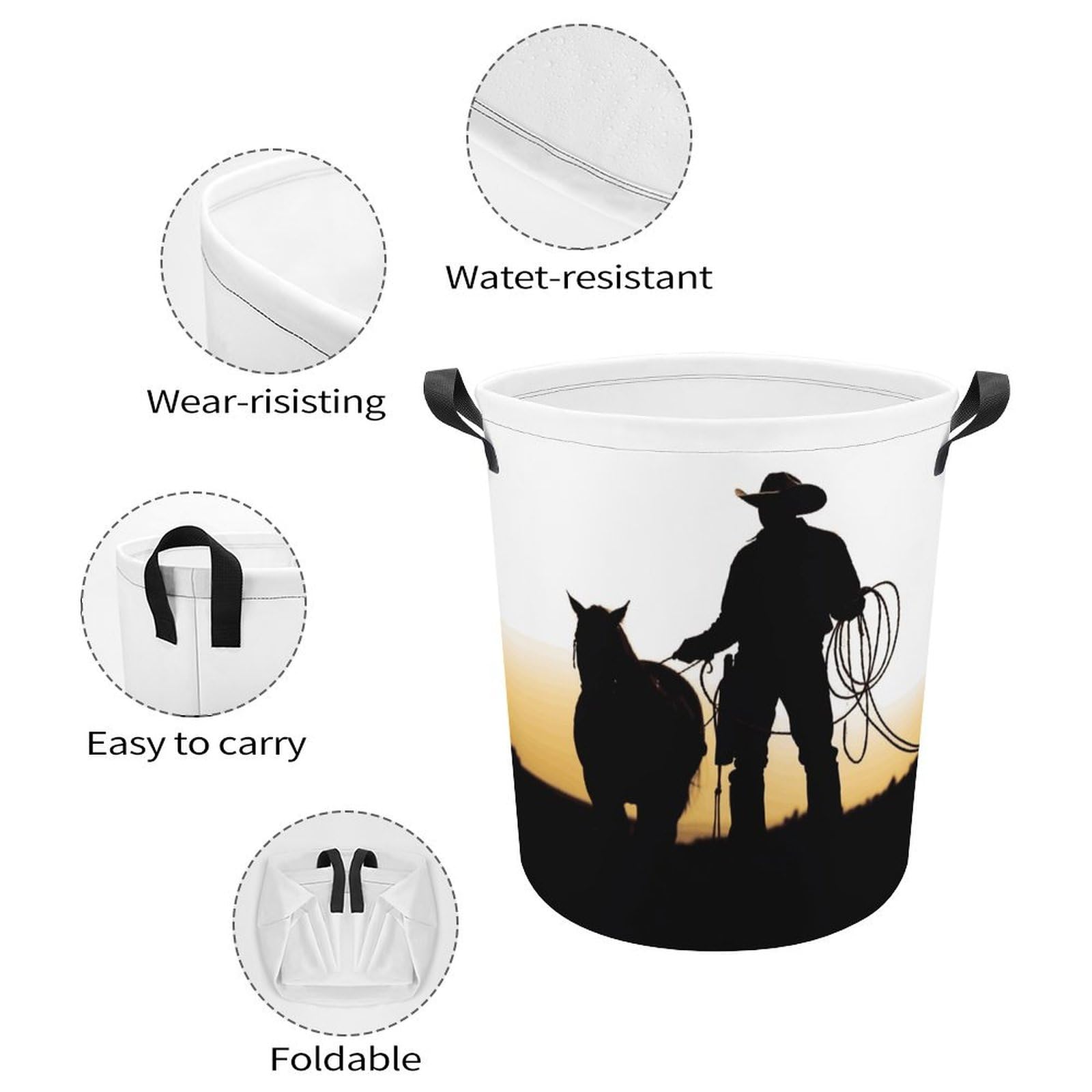 Laundry Hamper Cowboy with Lasso Silhouette Freestanding Laundry Basket Thickened Waterproof Collapsible Clothes Hamper Storage for Clothes Toys Dorm And Family