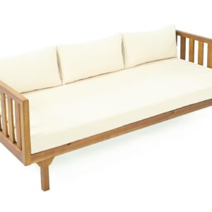 Merax Outdoor 3 Seater Daybed, Acacia Wood Day Bed Couch Sofa with Cushions for Patio Backyard, Garden, Beige