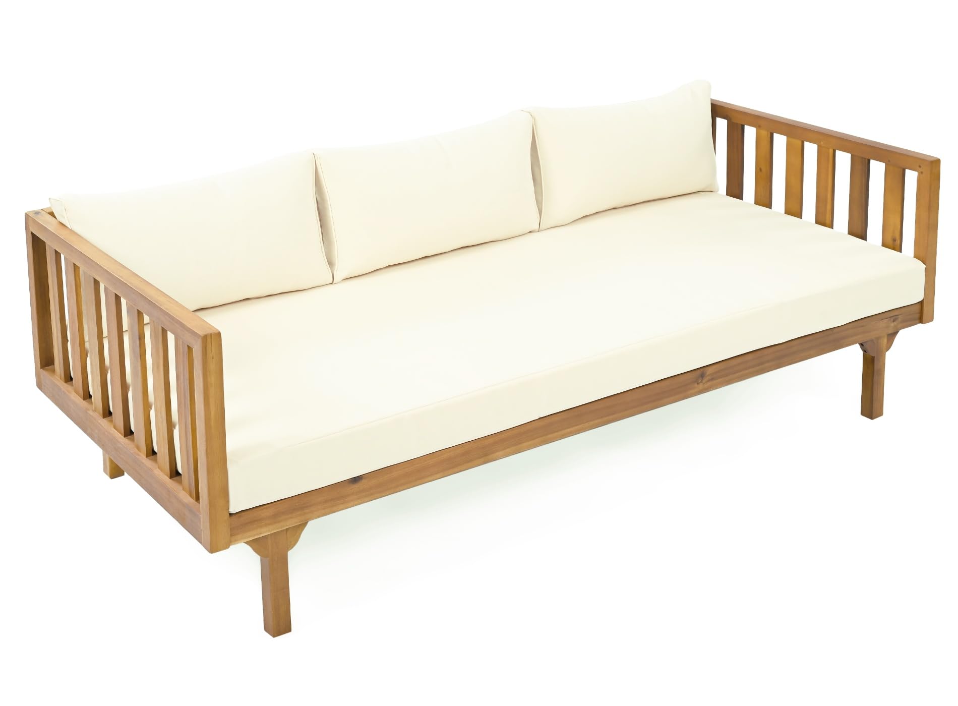 Merax Outdoor 3 Seater Daybed, Acacia Wood Day Bed Couch Sofa with Cushions for Patio Backyard, Garden, Beige