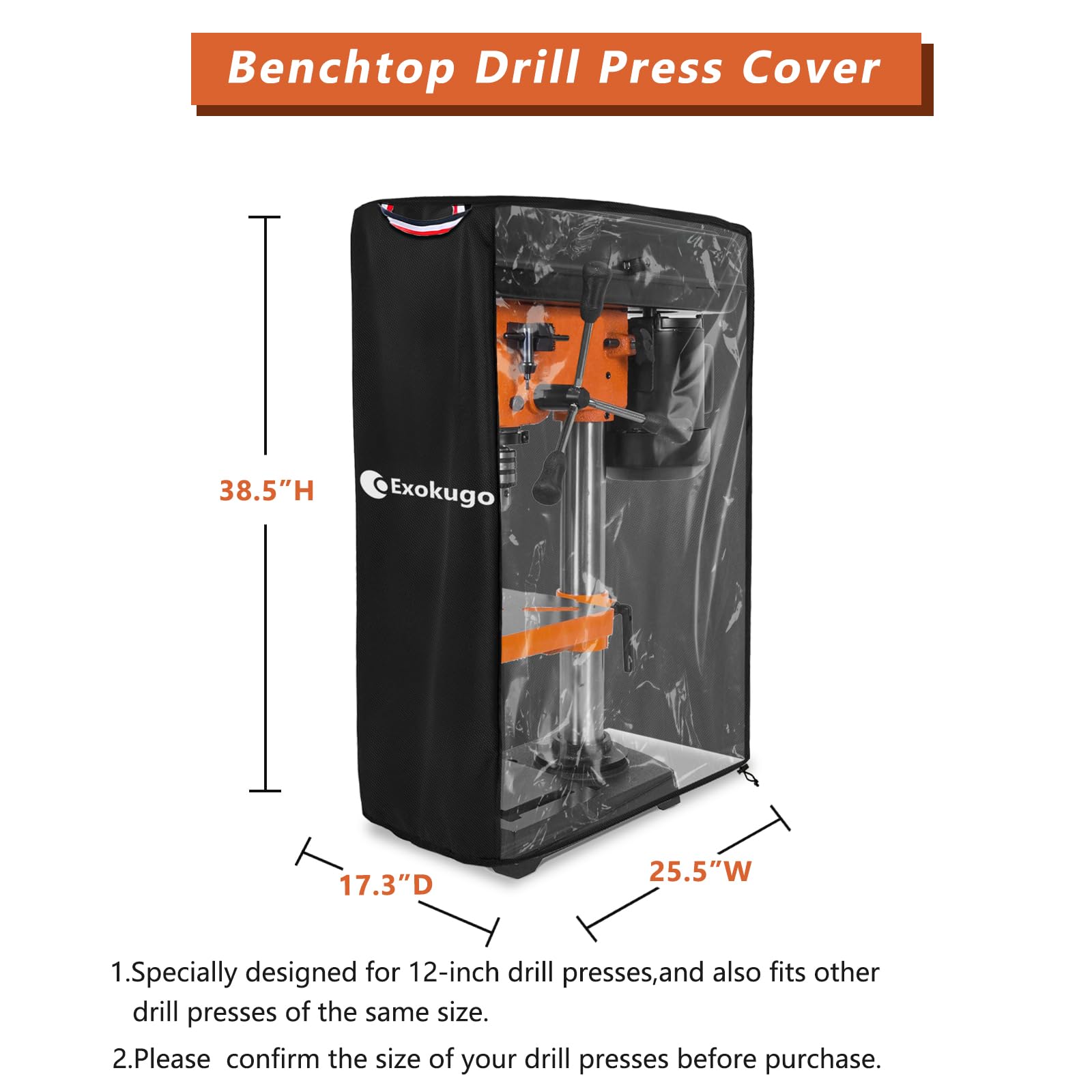 Benchtop Drill Press Cover,Suitability Drill Press Cover for Most Table 12-Inch Drill Press on the Market,Side with Transparent PVC Design,Black