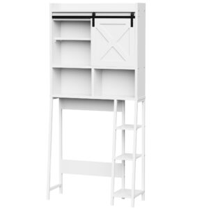 Meilocar Over The Toilet Storage Cabinet, Farmhouse Storage Cabinet Over Toilet with Sliding Barn Doors, Freestanding Bathroom Storage Organizer Cabinet Shelf Space Saving Toilet Rack, White