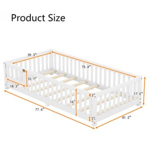 ChicFurnit Bed Frame, Twin Size Bed with Safety Guardrails & Door, Kids Floor Bed with Removed Slats, Floor Bed Frame with Low Profile Design for Bedroom, Living Room, No Box Spring Needed, White