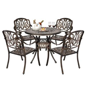 vingli 5 pieces outdoor patio dining set, cast aluminium patio furniture set with 4 chairs and 1 umbrella table for yard, garden, porch and poolside, bronze (round table and chairs)