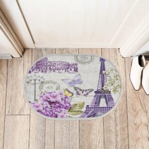 Kuquteed Purple Flowers Romantic Paris Oval Door Mat, Absorbent Floor Mats, Non-Slip Entryway Area Rugs, Soft Oval Floor Carpet for Bathroom Kitchen Bedroom Decor