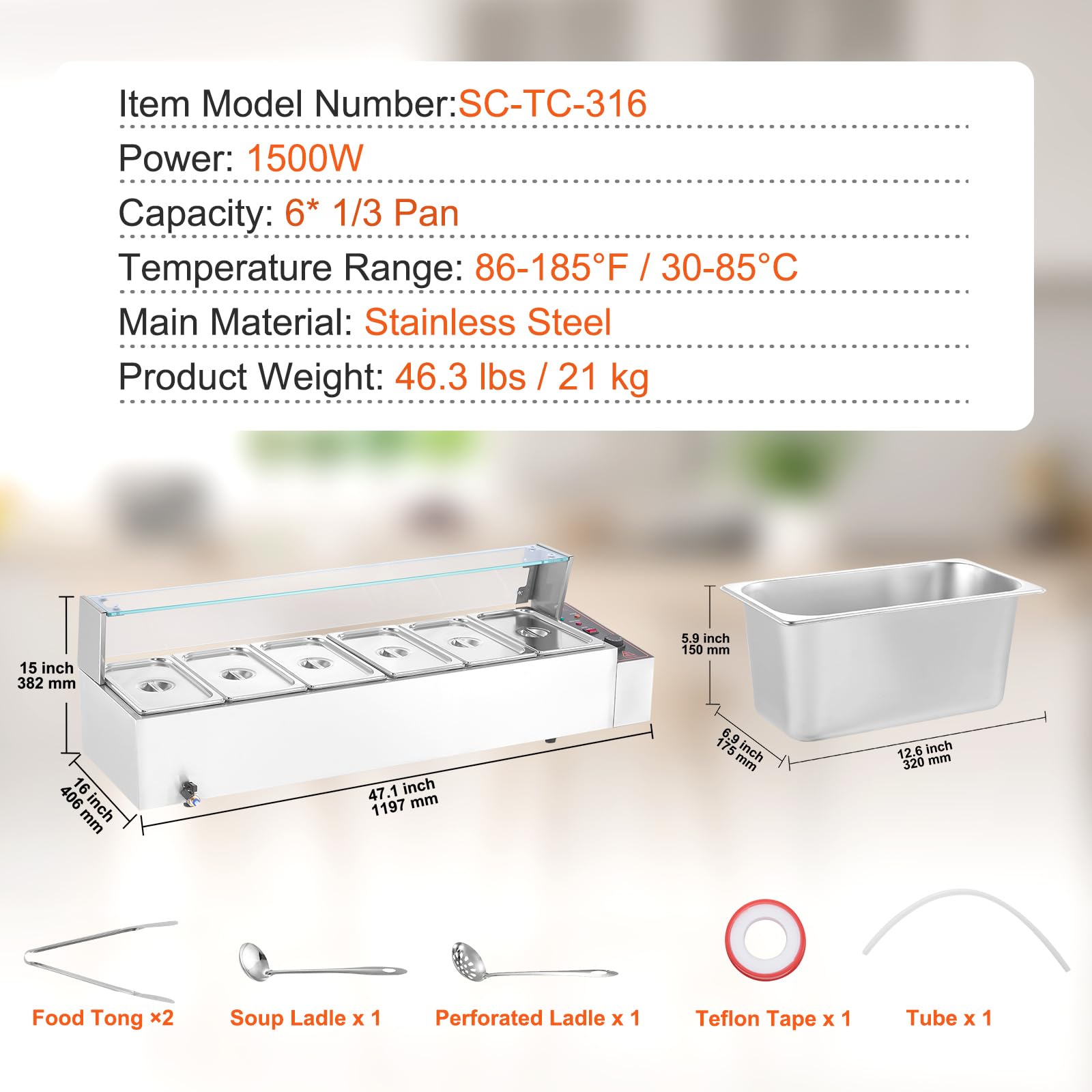 VEVOR 6-Pan Commercial Food Warmer, 6 x 8QT Electric Steam Table with Glass Cover, 1500W Countertop Stainless Steel Buffet Bain Marie 86-185°F Temp Control for Catering, Restaurants, Silver