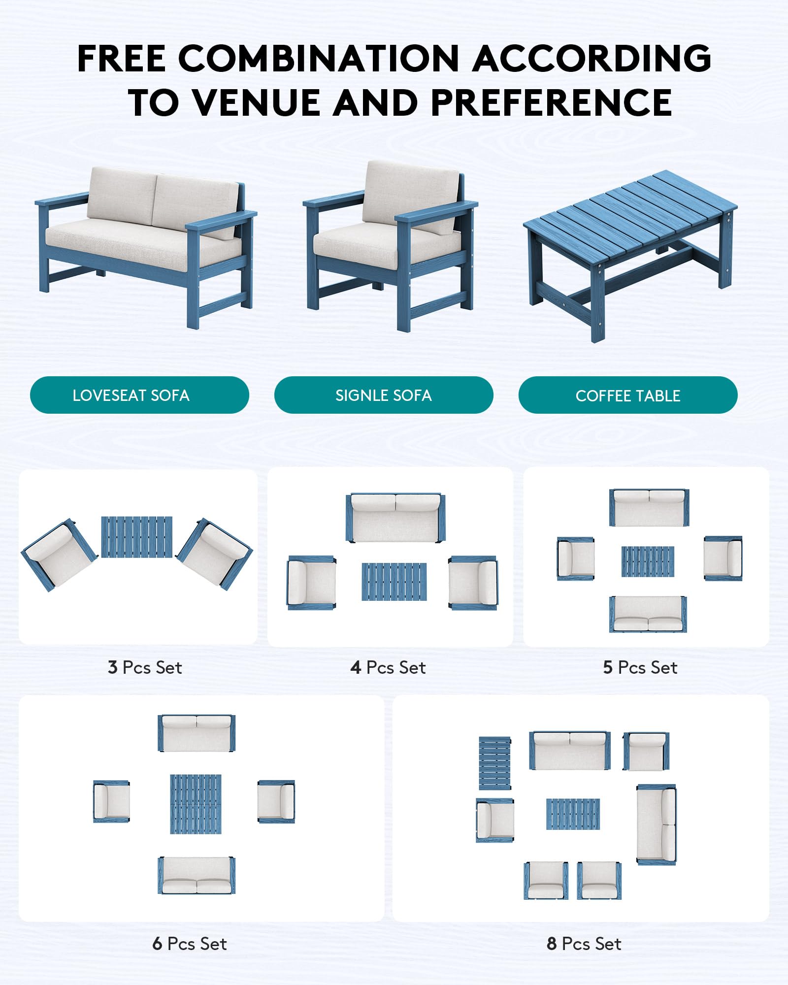 SERWALL 4 Pieces HDPE Outdoor Conversation Sofa Set with Cushions, Blue Frame and Khaki Cushion