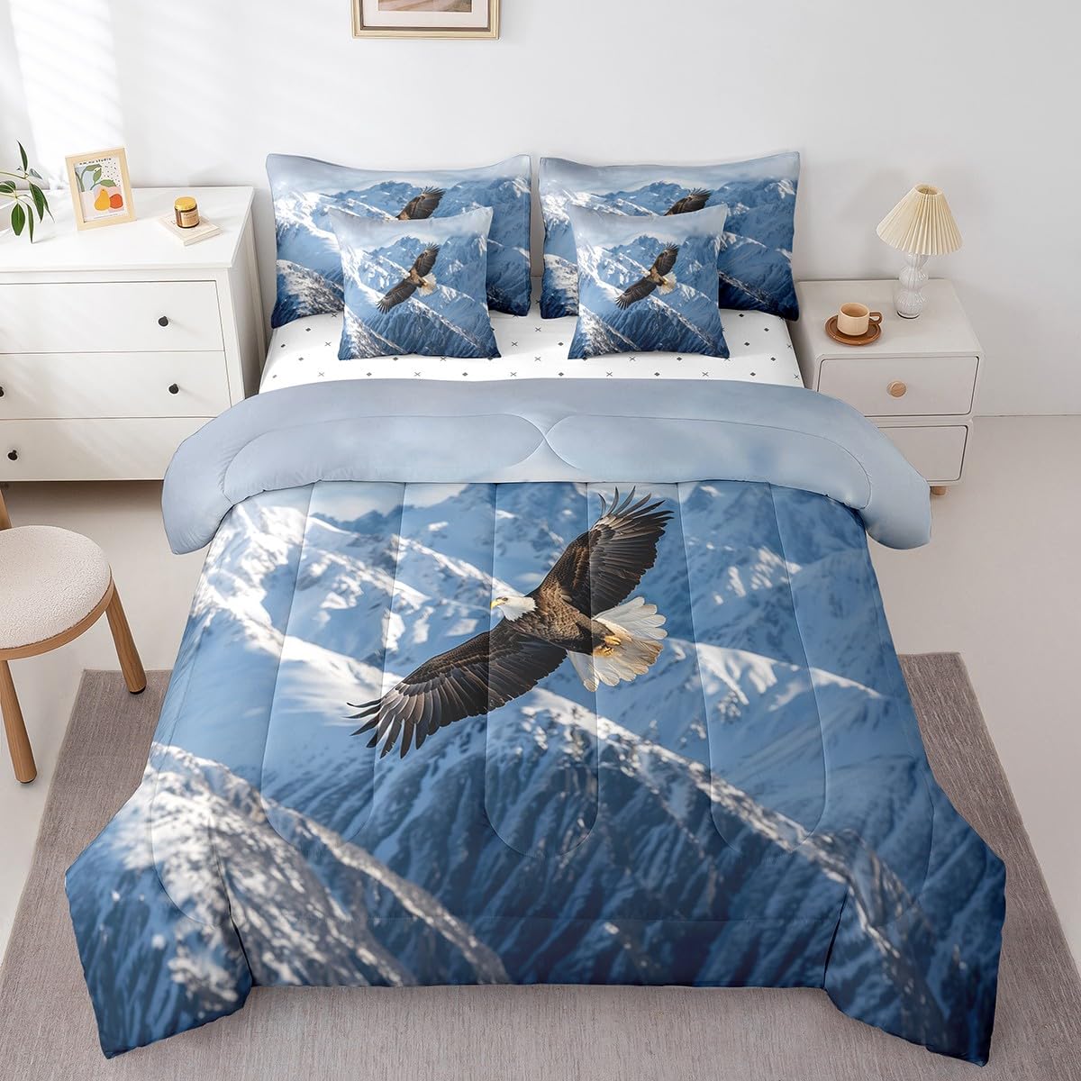 Feelyou Eagle Comforter Set with Sheets Full Size Snow Mountain Bed in a Bag for Boys Girls Teens Flying Eagle 7 Pieces Bedding Set Sky Blue Bed Set Room Decor