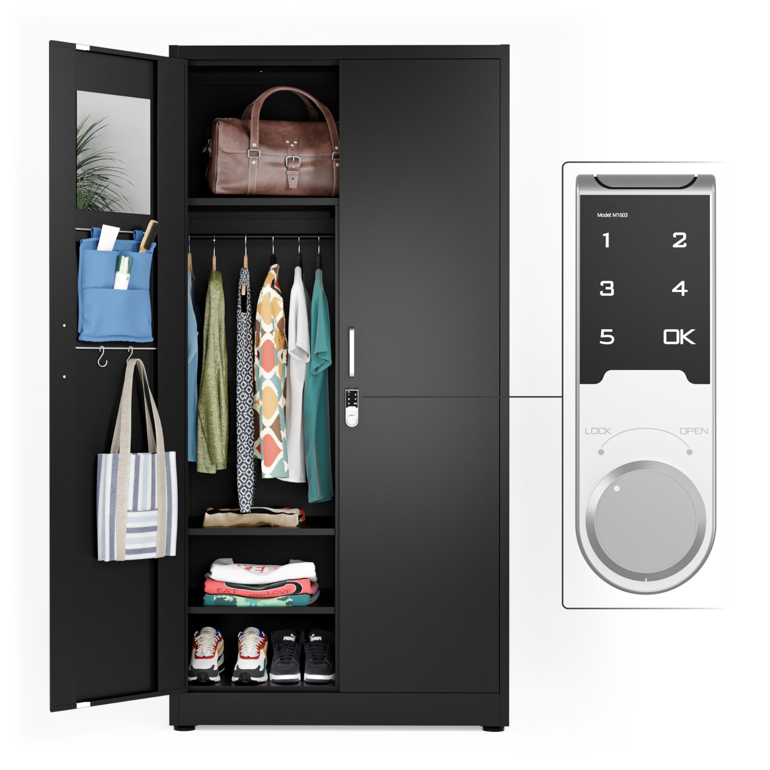 METALTIGER 72" Metal Wardrobe Armoire Closet Cabinet with Digital Lock, Adjustable Shelves, Hanging Rods, and Mirror - Lockable Steel Storage Locker Office, Gym, Laundry Room, or School (Black)