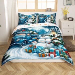 Manfei Christmas Duvet Cover,Snowy Trailer Truck Xmas Gifts Quilt Cover(No Filler),Winter Snowman Pine Trees Romantic Blue White Bedding Set with 2 Pillowcases,Teens Room Decor,Queen Size