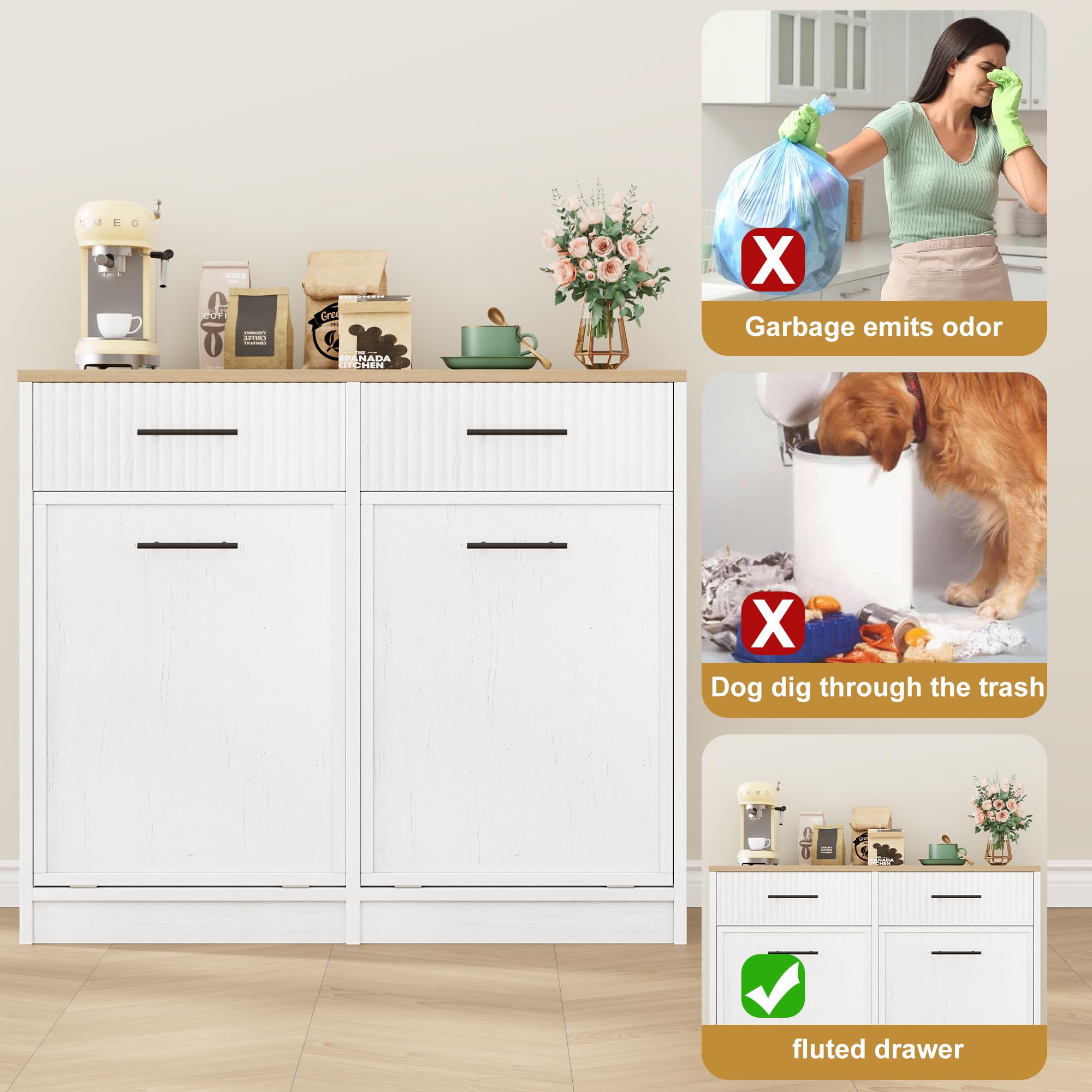 GAOMON Double Fluted Tilt Out Trash Can Cabinet, Hidden Garbage Can Cabinet 20 Gallon, Freestanding Dog Proof Trash Can Cabinet, Wooden White Trash can for Kitchen Dining Living Room