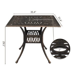 VINGLI 5 Pieces Outdoor Patio Dining Set, Cast Aluminium Patio Furniture Set with 4 Chairs and 1 Umbrella Table for Yard, Garden, Porch and Poolside, Bronze (Square Table and Chairs)