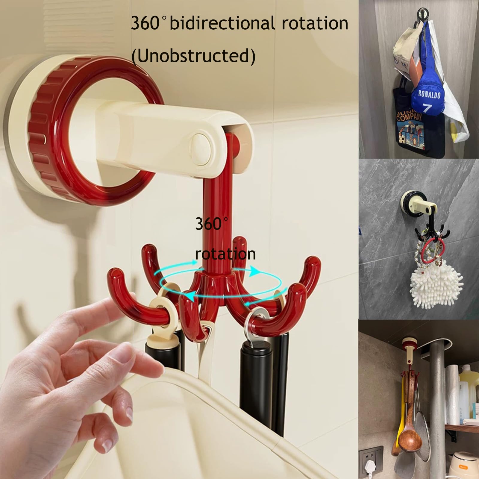 360 Degrees Rotating Folding Hook, Kitchen Hooks for Hanging Utensils, Self-Adhesive Suction Cup Hooks Rotating Kitchen Utensil Holder, Multi-Purpose Kitchen Utensil Hanger with