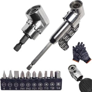 105 degree right angle drill adapter, right angle drill adapter, corner tool screw hub with multi-function bend screwdriver bit, 360°rotatable set for 1/4" drill (short+long+10 screwdriver bits)