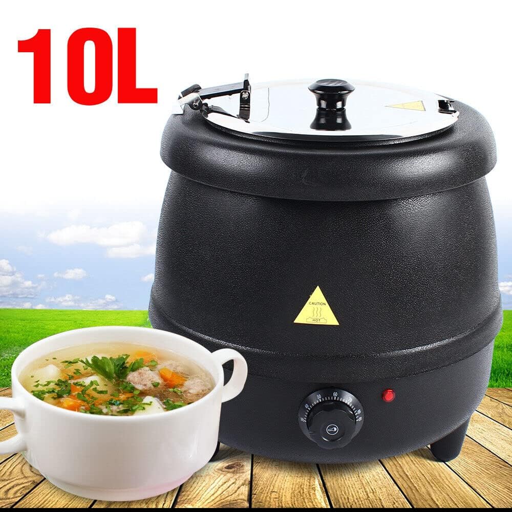 10L Soup Kettle Commercial, 10.5QT Soup Warmers Commercial, Electric Soup Warmer Black Countertop Food Kettle Warmer, Restaurant Stainless Steel Pot with Stainless Steel Hinged Lid Detachable Pot